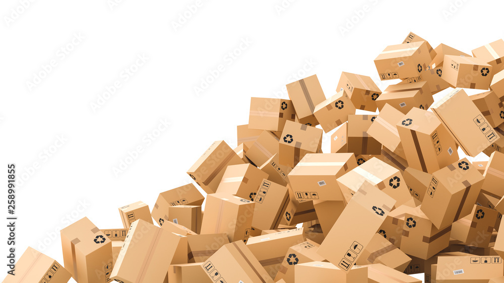 Cardboard boxes with empty space on left side, logistics and delivery concept. 3D Rendering ...