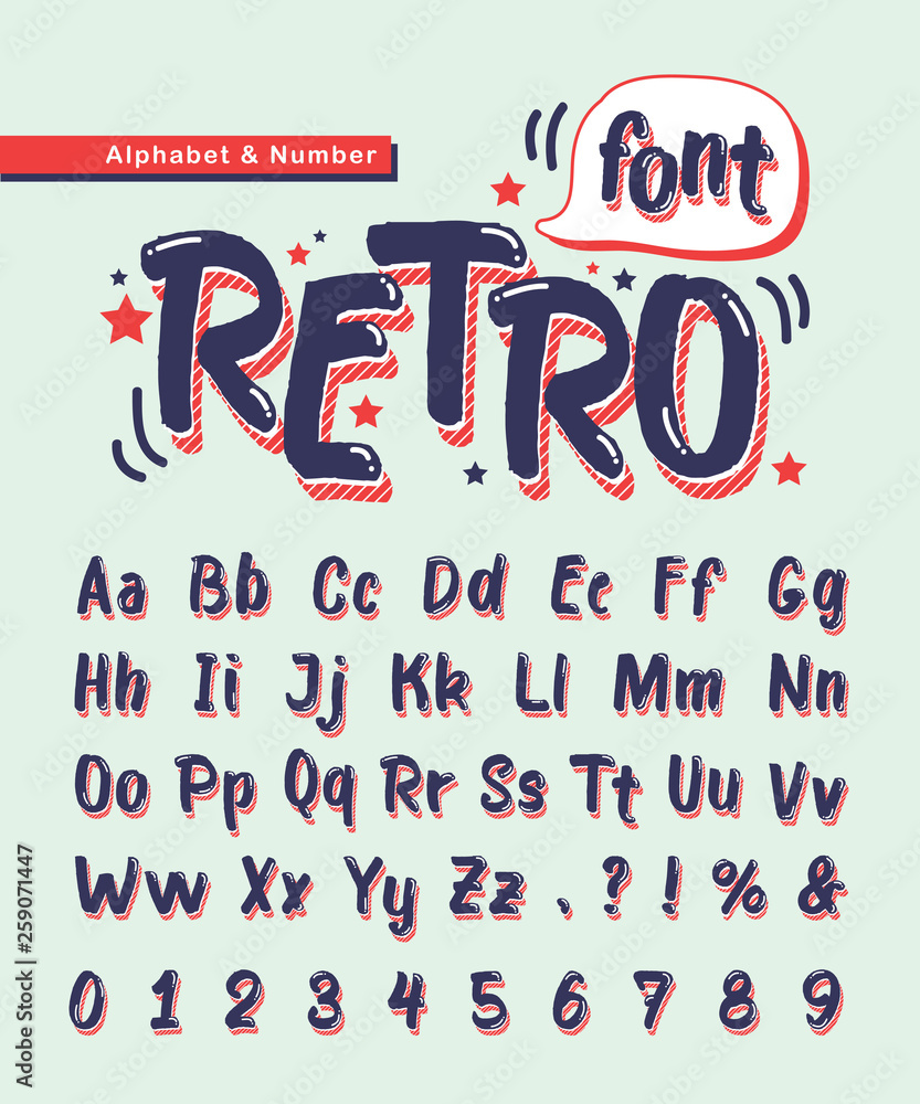 Retro handwritten alphabet letters and number. Old school, retro doodle ...