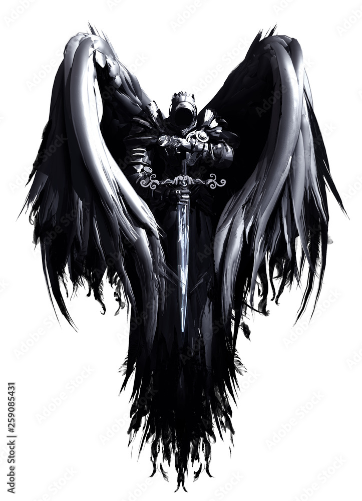 Mystical angel in hood and armor with big black wings and crystal sword ...