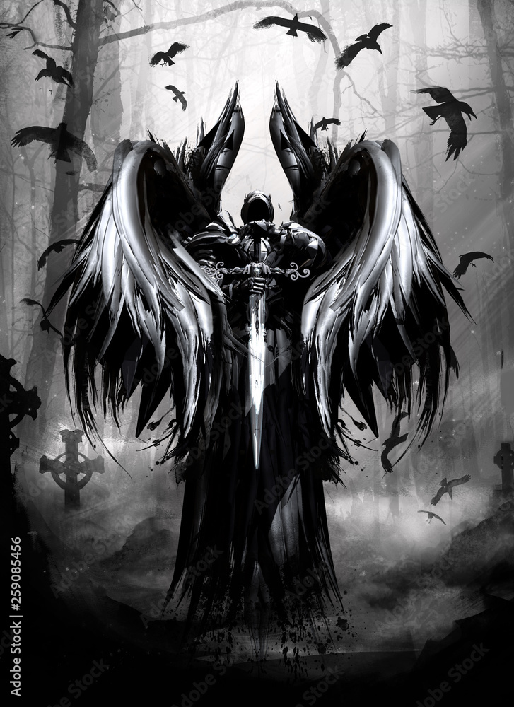 Angel of death surrounded by a flock of crows hovers on a gloomy ...