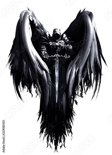 Mystical angel in hood and armor with big black wings and crystal sword ...