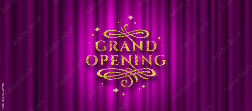 Grand opening logo. Glitter gold logo with flourishes ornamental ...