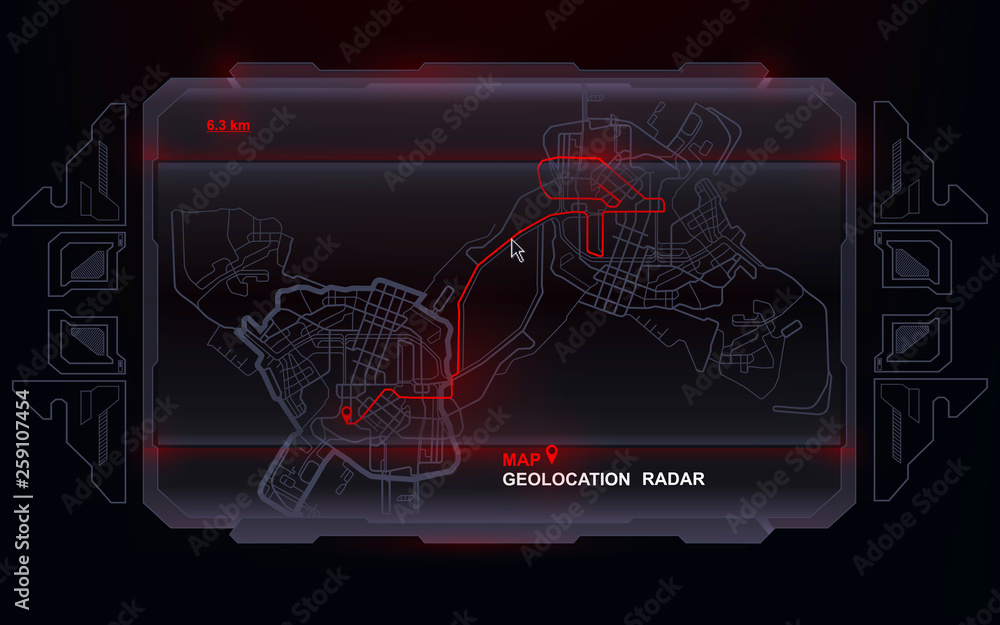 Futuristic navigate mapping technology dashboard GPS tracking map, showing movement and final ...