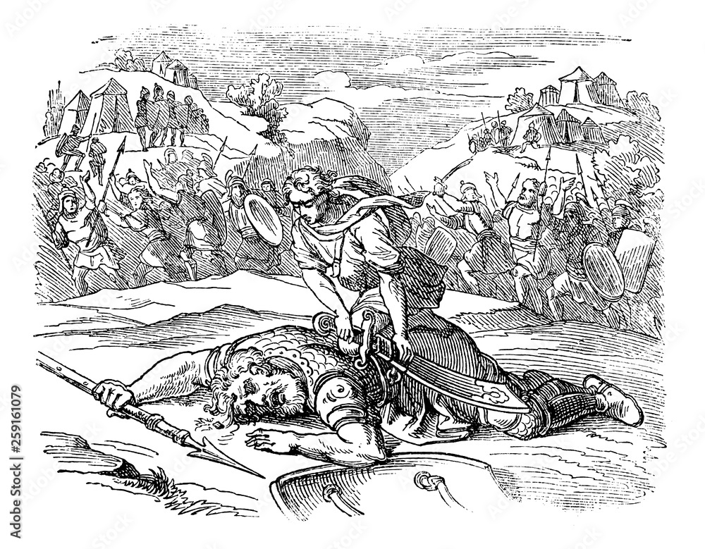 Vintage Drawing of Biblical Story of David and Goliath.Small Man ...
