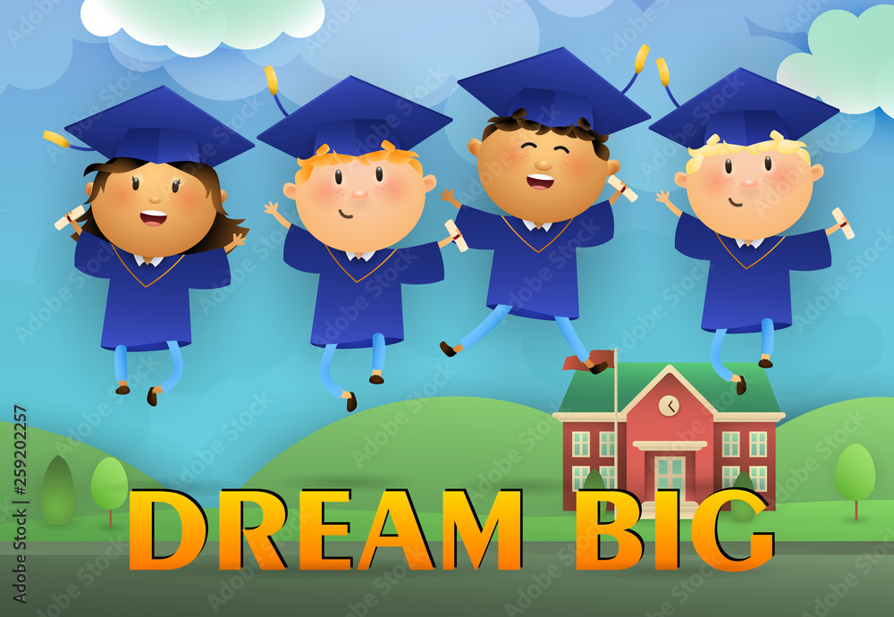 Dream Big graduation poster design. Jumping students wearing graduation ...