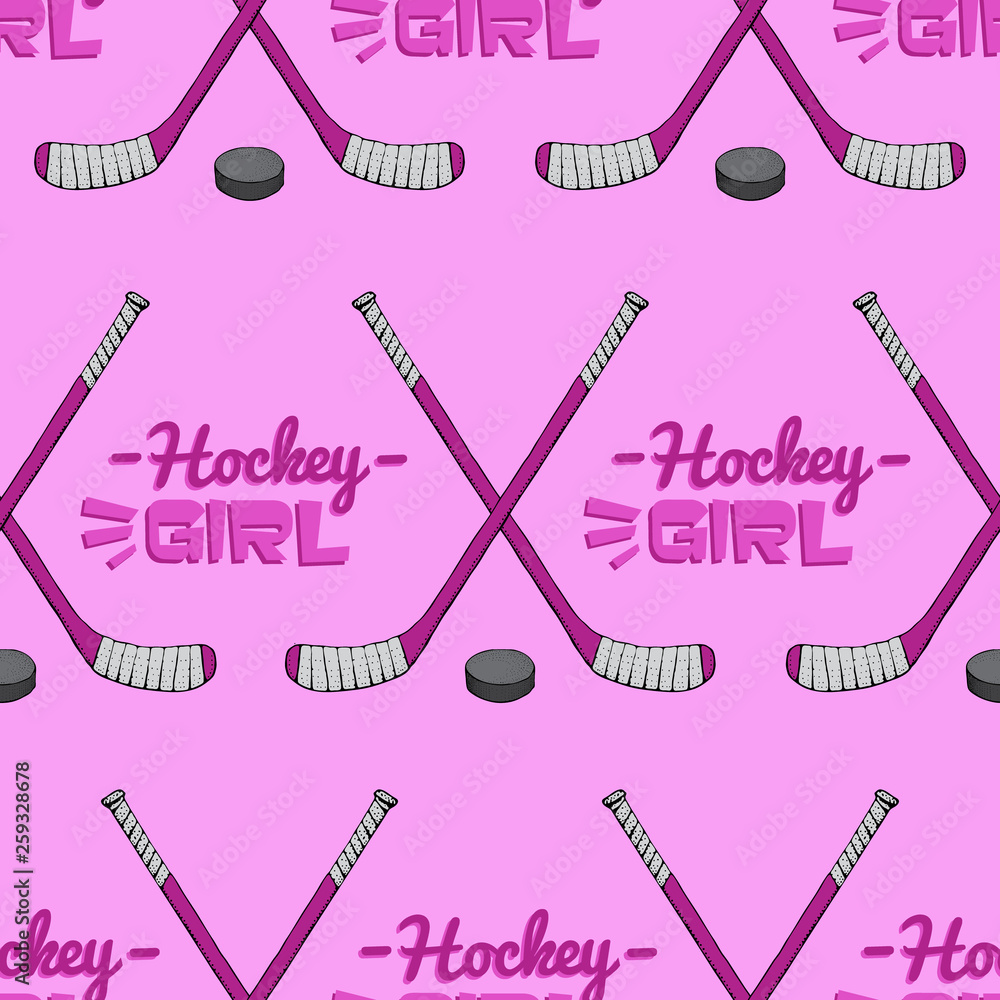 Vector hockey girl lettering. Ice hockey stick with puck seamless ...