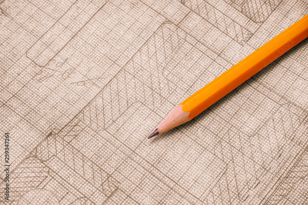 Yellow pencil with old technical drawing on graph paper. Stock Photo ...