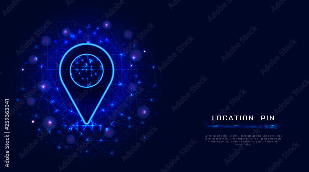 Location Pin from low poly mesh on abstract polygonal background. Gps navigation, destination ...