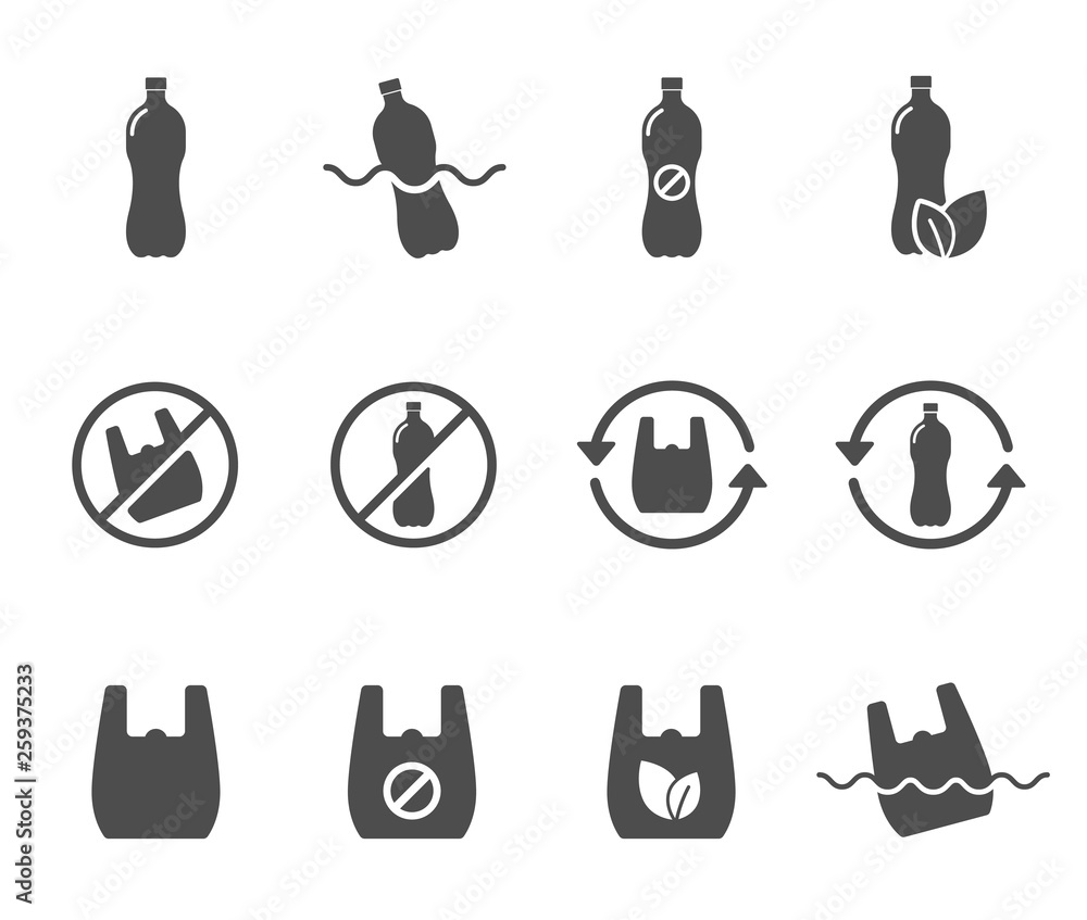 stop using plastic bag and plastic bottle silhouette vector icons ...