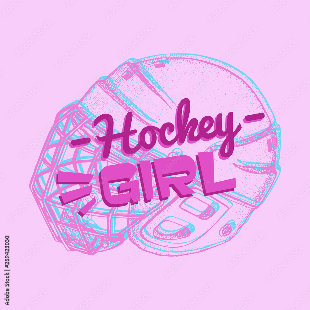 Vector hockey girl lettering. Isolated pink hockey helmet with mask for ...