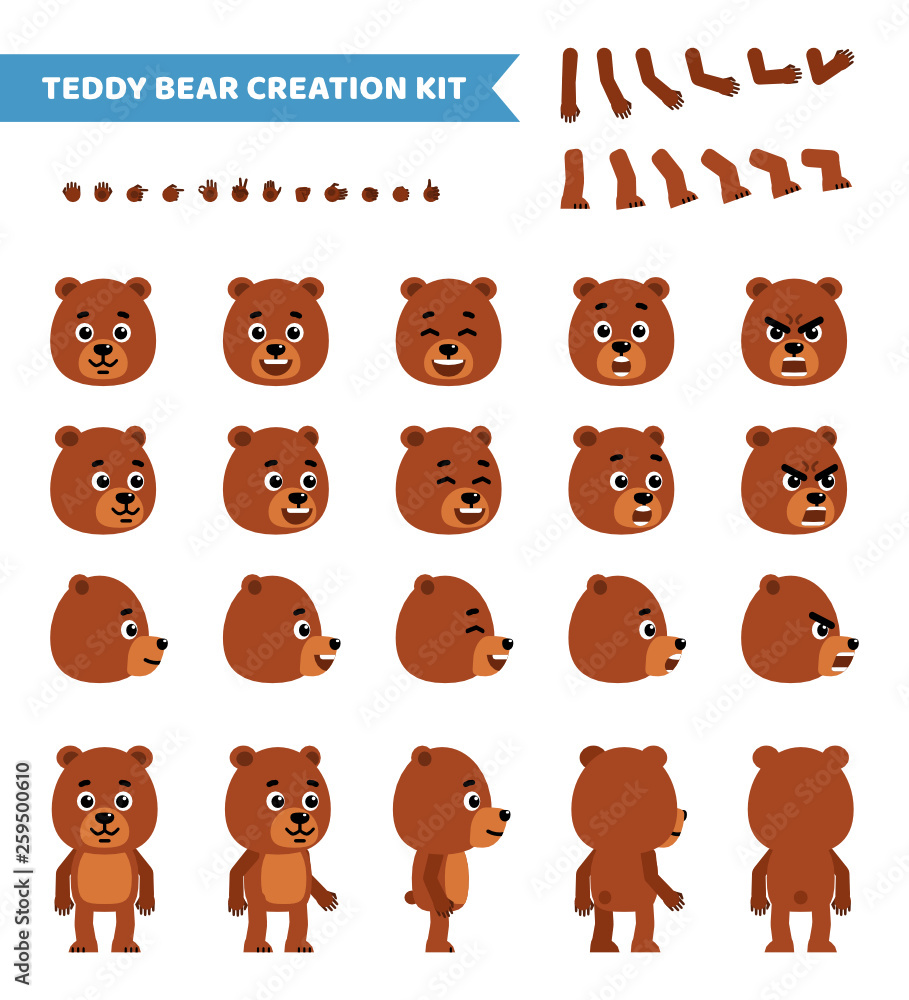 Cartoon teddy bear creation set. Various gestures, emotions, diverse ...