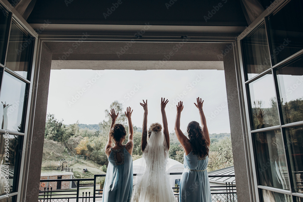 luxury gorgeous bride and her bridesmaids having fun in hotel room, at ...
