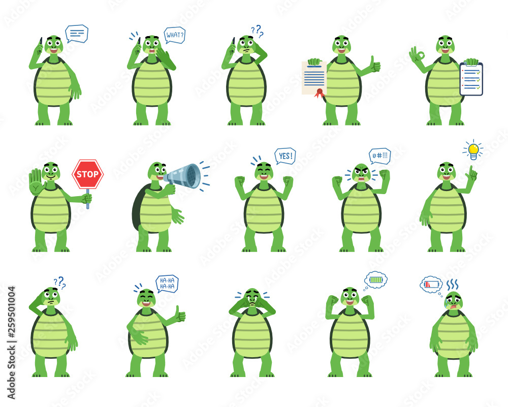 Set of cartoon turtle characters showing diverse actions, emotions ...
