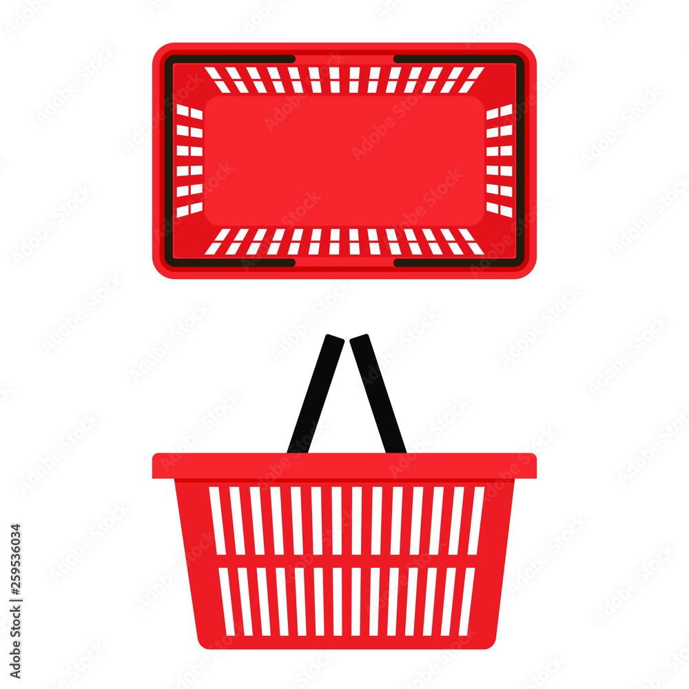 Red shopping basket top and side view icon. Clipart image isolated on ...