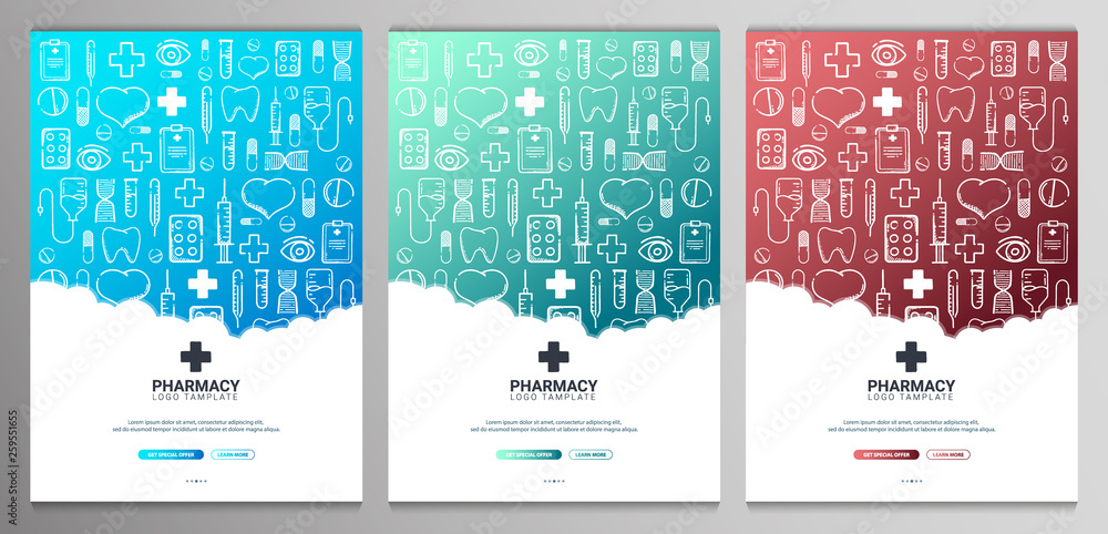 Set of Pharmacy and Medical banners with doodle background. Pills ...