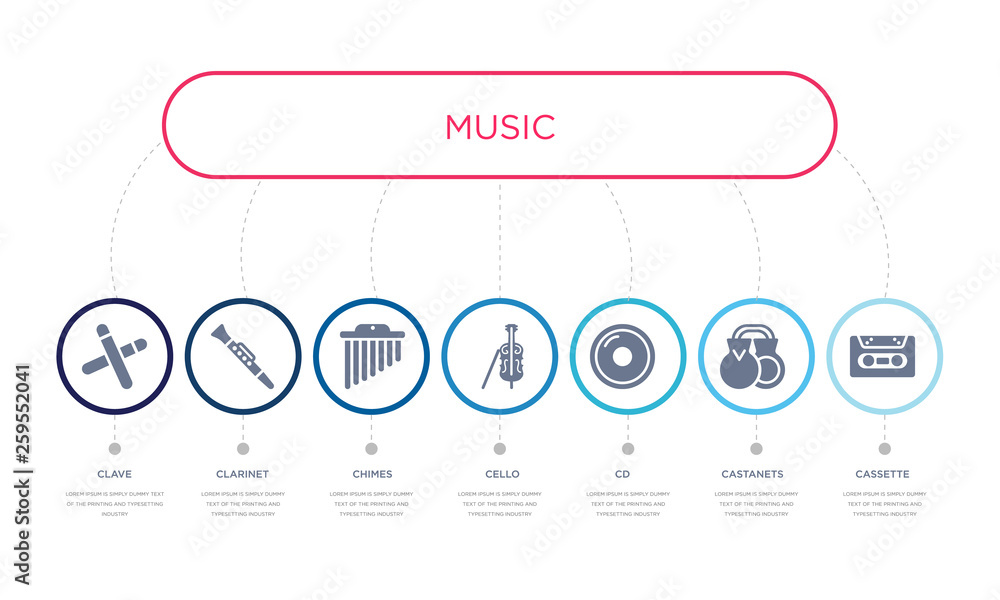 simple illustration set of 7 vector blue icons such as cassette ...