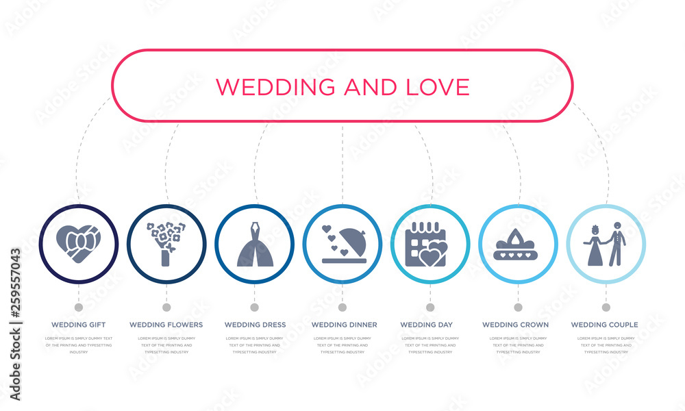 simple illustration set of 7 vector blue icons such as wedding couple ...