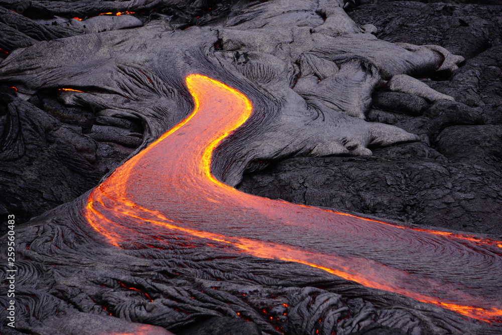 Lava field with new hot flowing lava in Big Island in Hawaii Stock ...