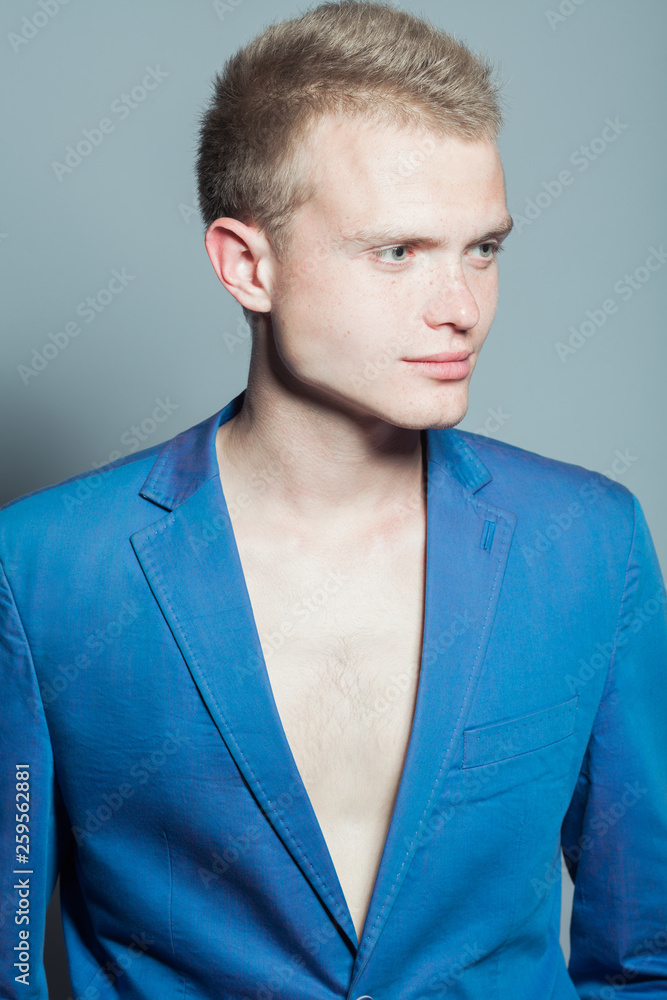 Male beauty concept. Portrait of young man with perfect haircut wearing ...