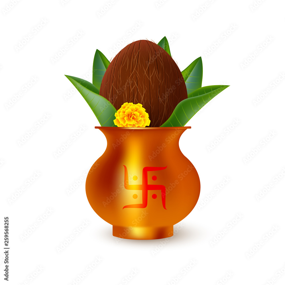 Wedding Kalash with coconut and mango leaves. Symbol of hindu ...