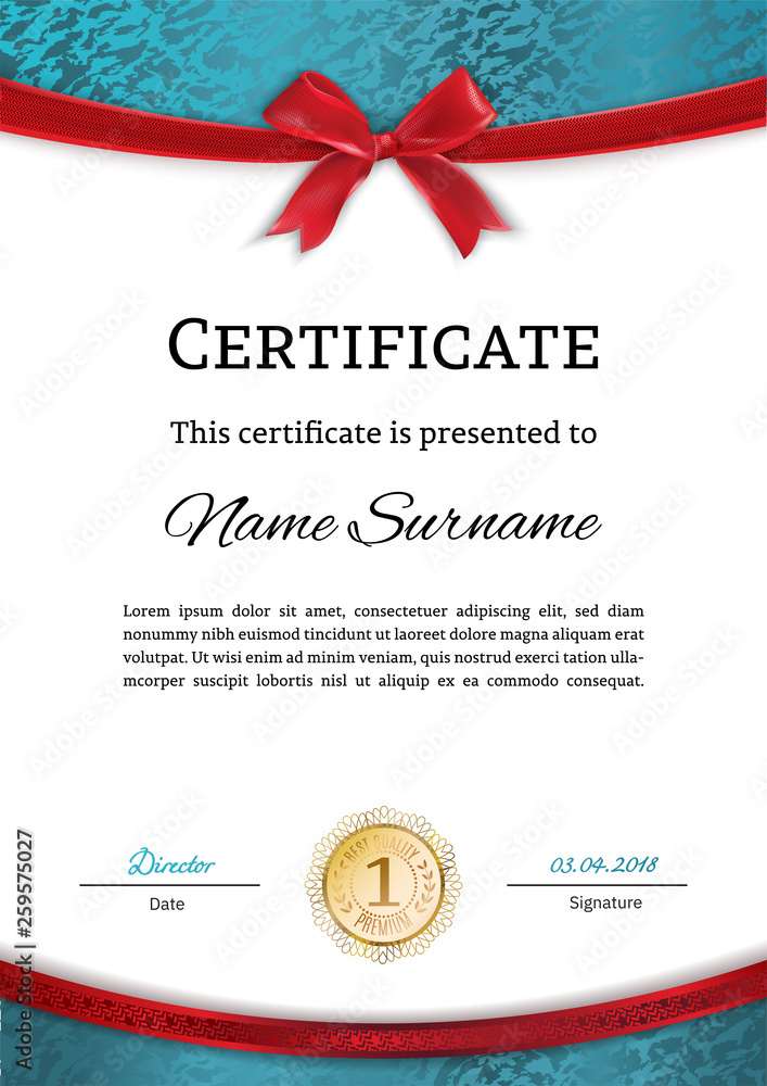 Official certificate with turquoise design elements and red bow ...