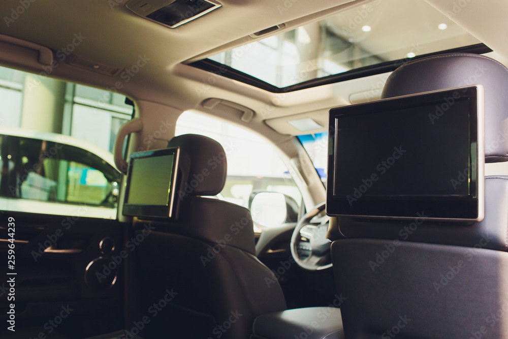 Photo Stock Car inside. Interior of prestige luxury modern car. Three ...