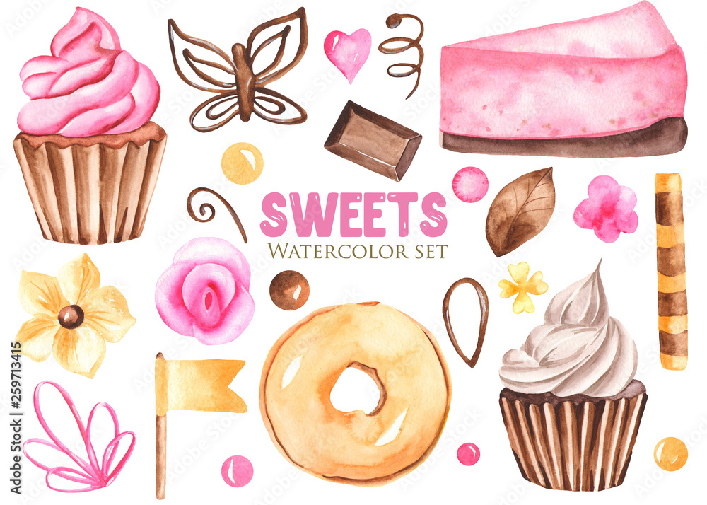 Watercolor set of sweets. Donuts, cheesecakes, cakes, sweets, muffins ...