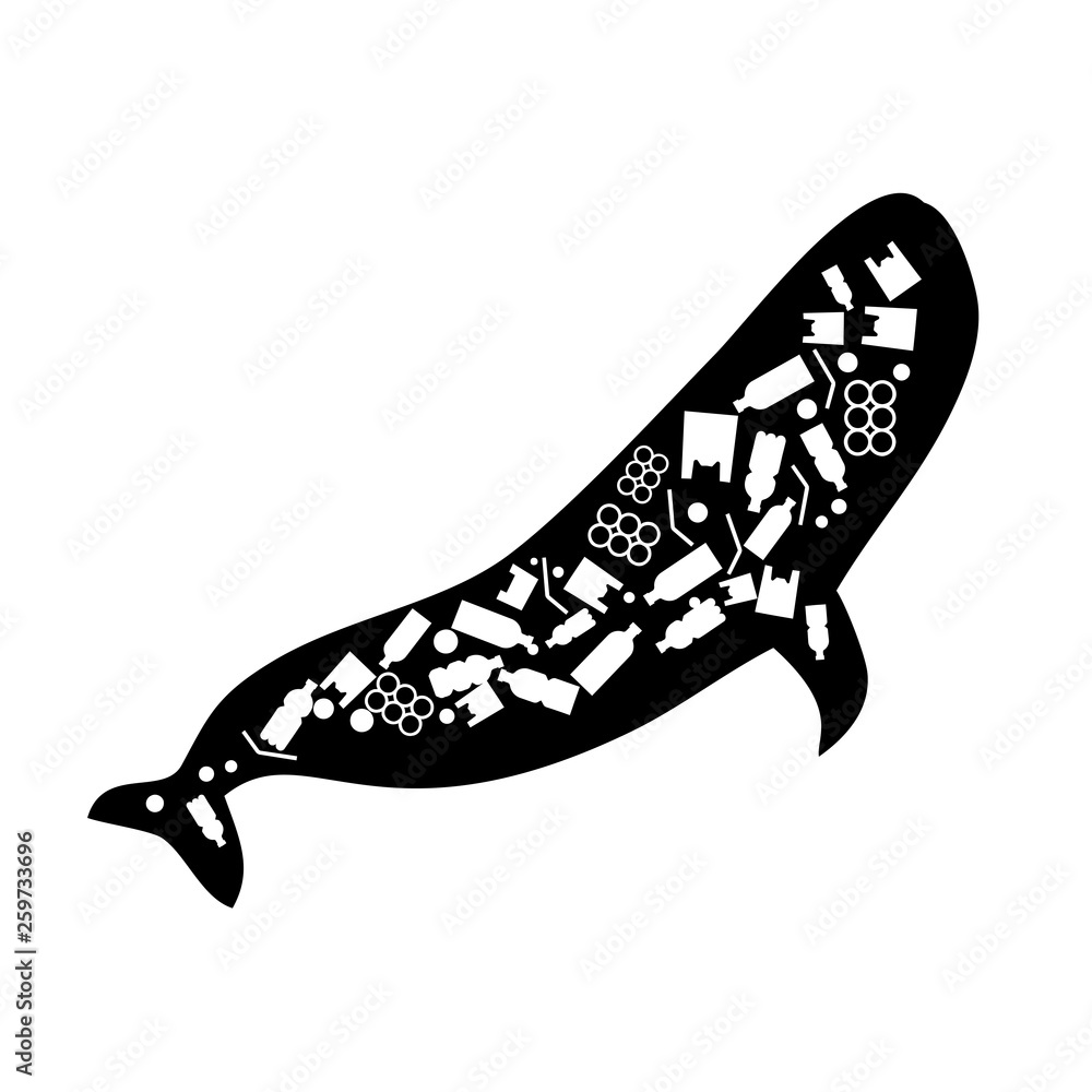 blue whale trash ocean plastic pollution. Ecological poster. Whale ...