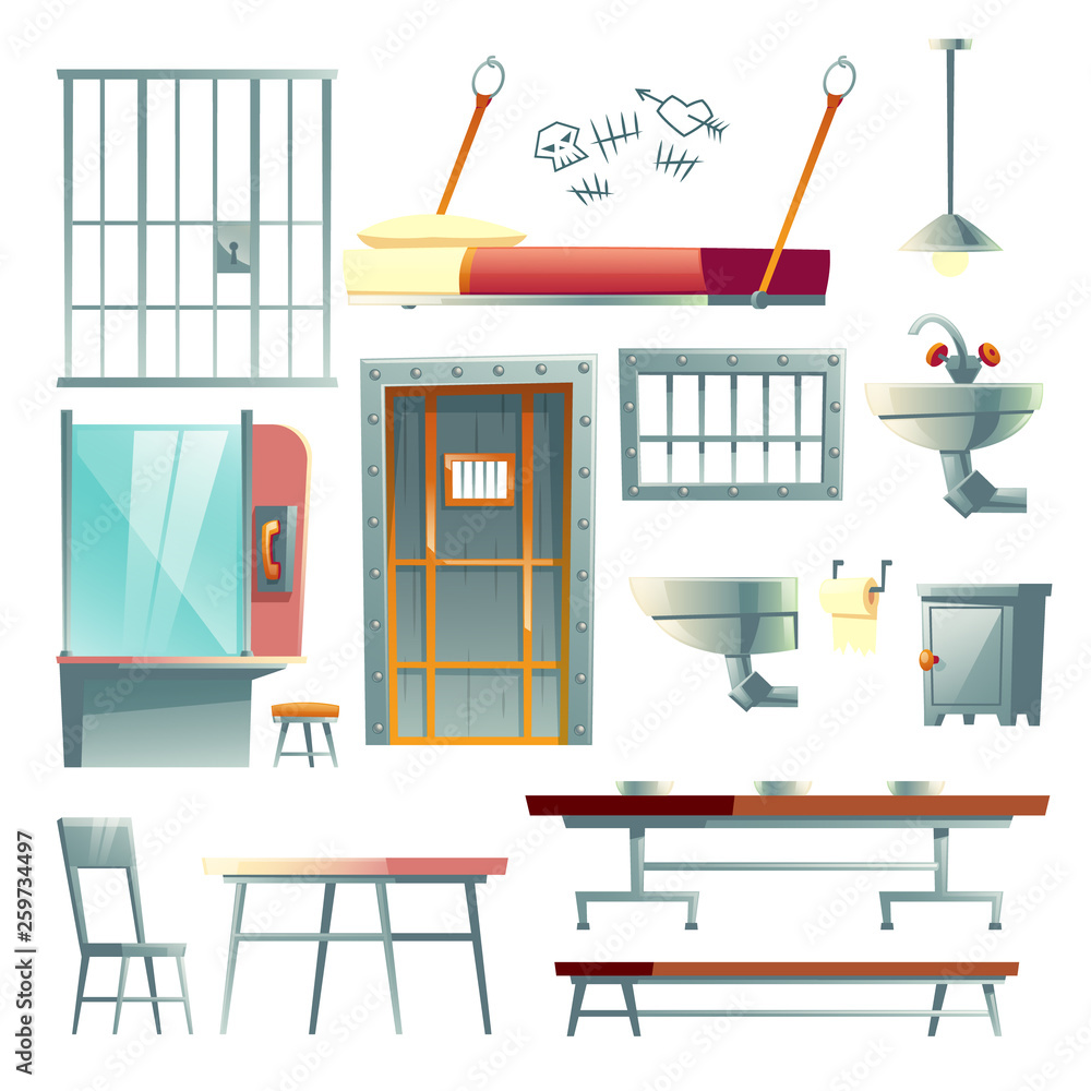 Jail cell, prison dining and visiting room furniture, interior design ...