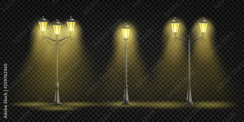 Vintage street lights glowing with yellow light 3d realistic vector set ...