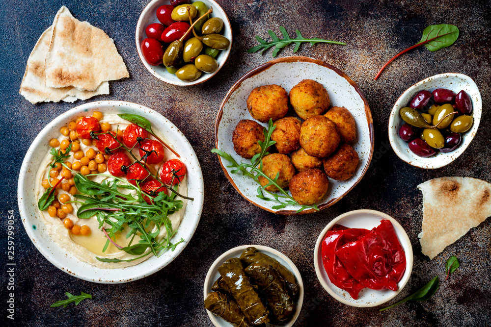 Arabic traditional cuisine. Middle Eastern meze with pita, olives ...