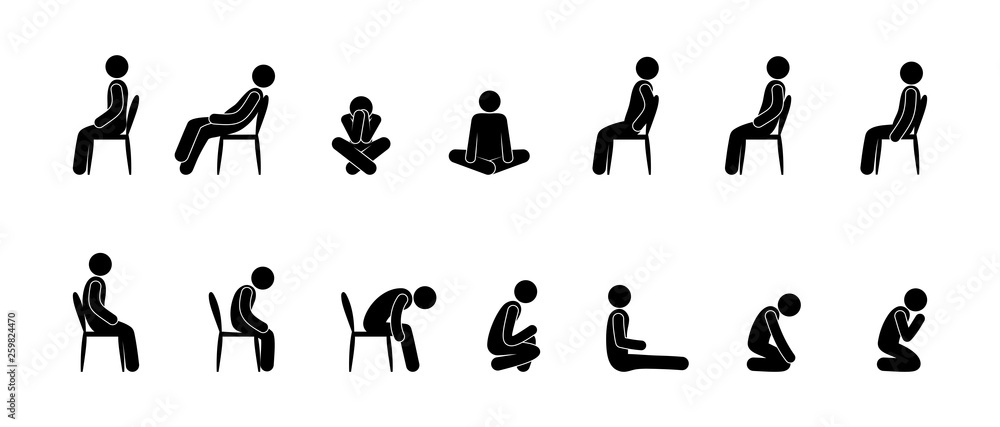 Pictogram man various poses, people sit on chairs set of silhouettes ...