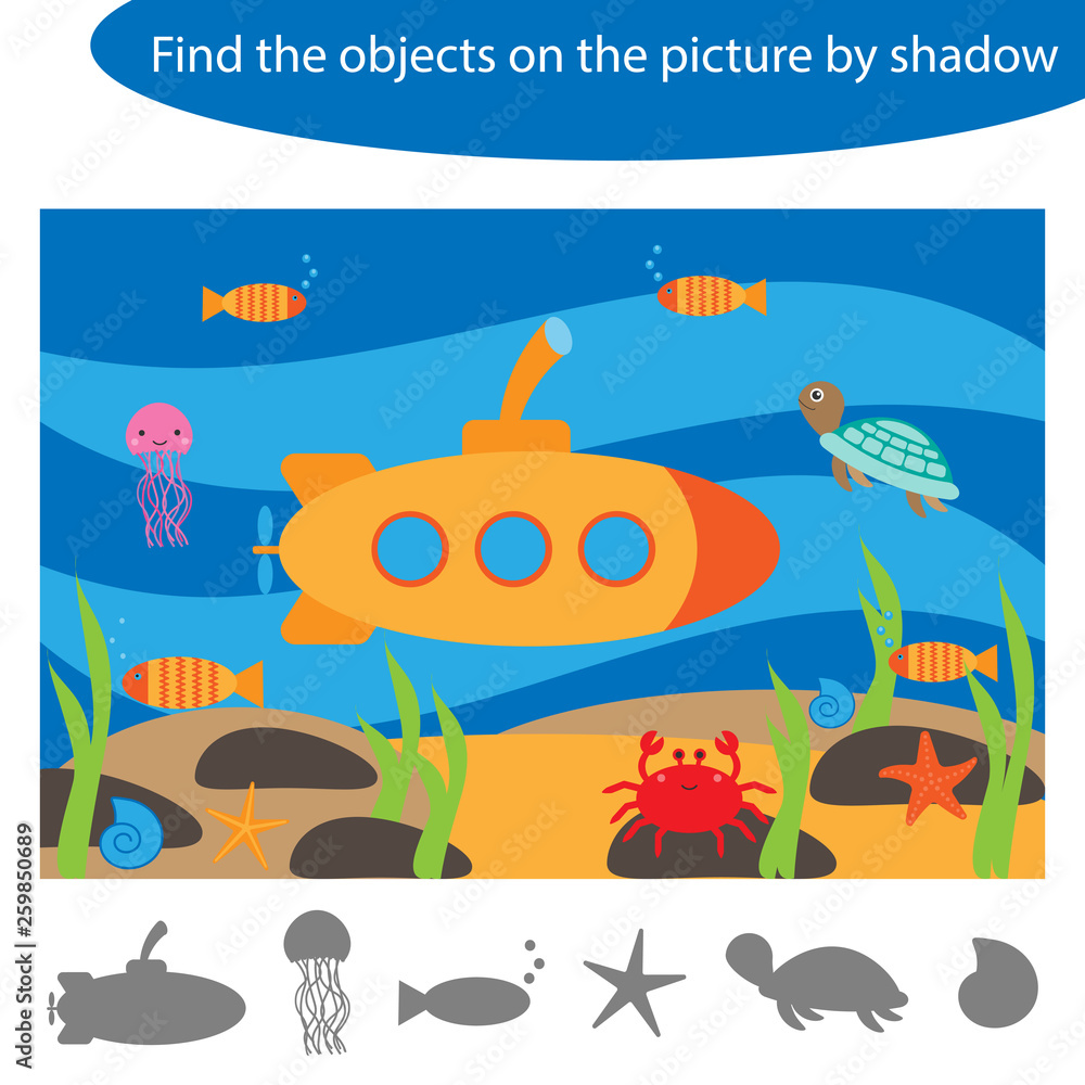 Find the objects by shadow, underwater game for children in cartoon ...