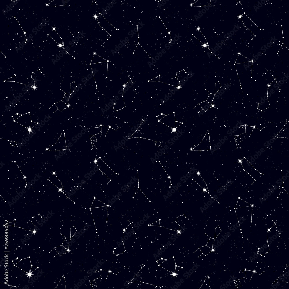 Zodiac seamless pattern, space, star constellations, horoscope symbols ...