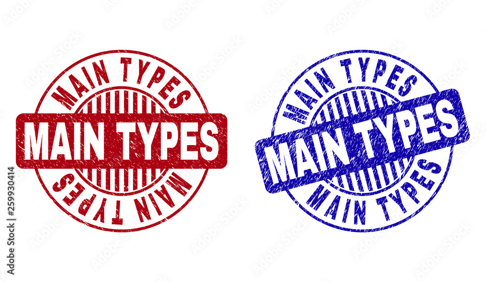 Grunge MAIN TYPES round stamp seals isolated on a white background. Round seals with grunge ...