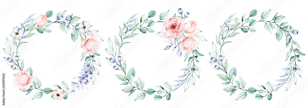 Watercolor flower and leaf wreath. Floral clip art. Frame perfectly for ...