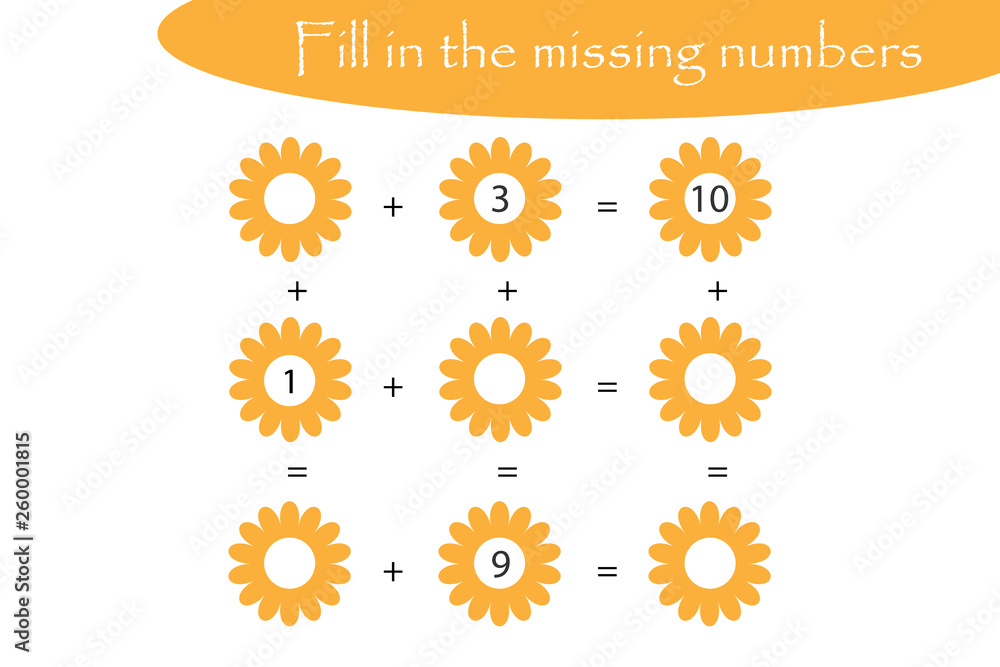 Mathematics game with flowers for children, fill in the missing numbers ...