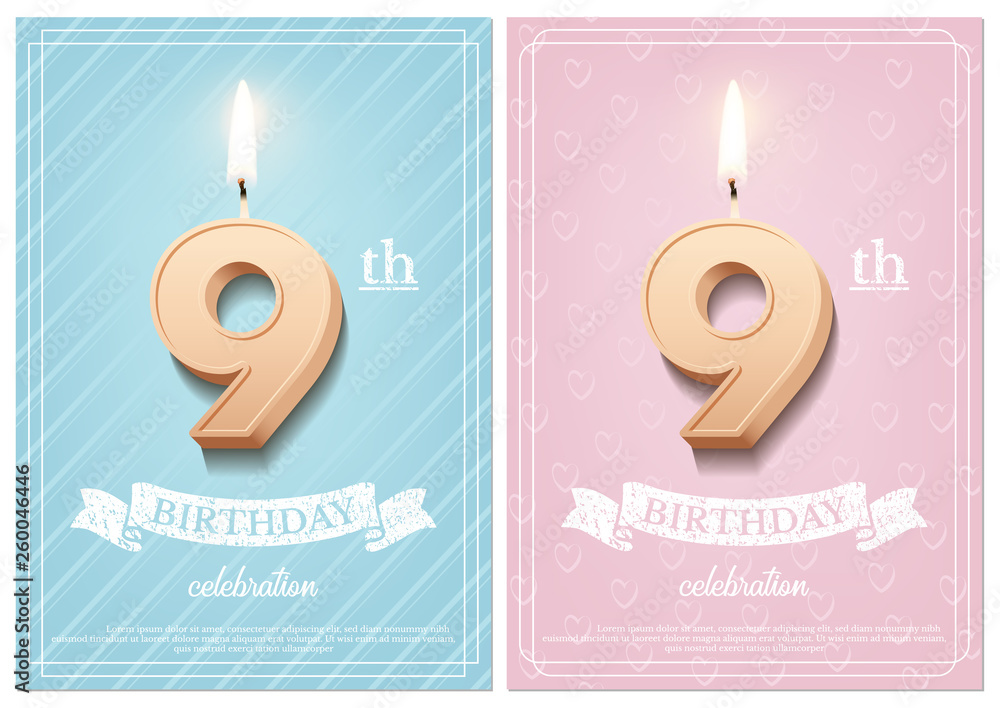 Burning number 9 birthday candle with vintage ribbon and birthday ...