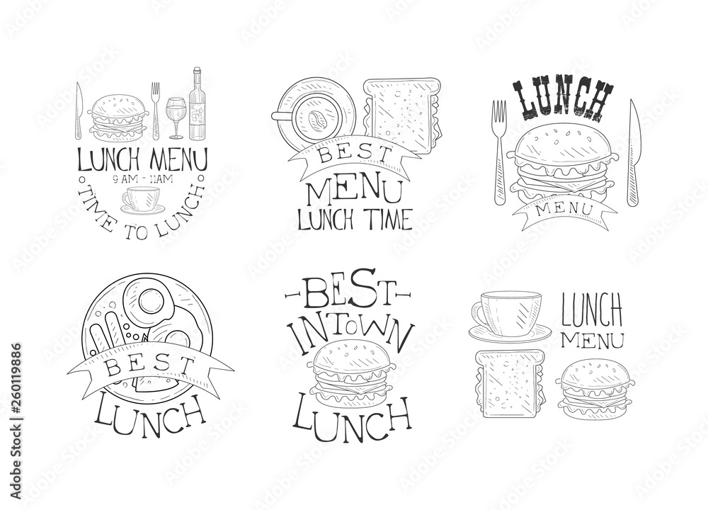 Vector set of 6 hand drawn lunch menu emblems. Monochrome logos with ...