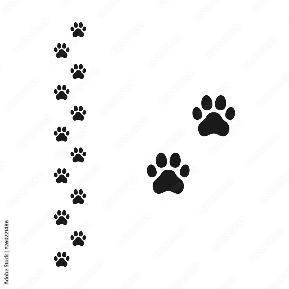 Dog paw footprint black vector sign with footpath trace. Pet paw print track puppy foot mark isolated icon. Stock Vector Adobe Stock