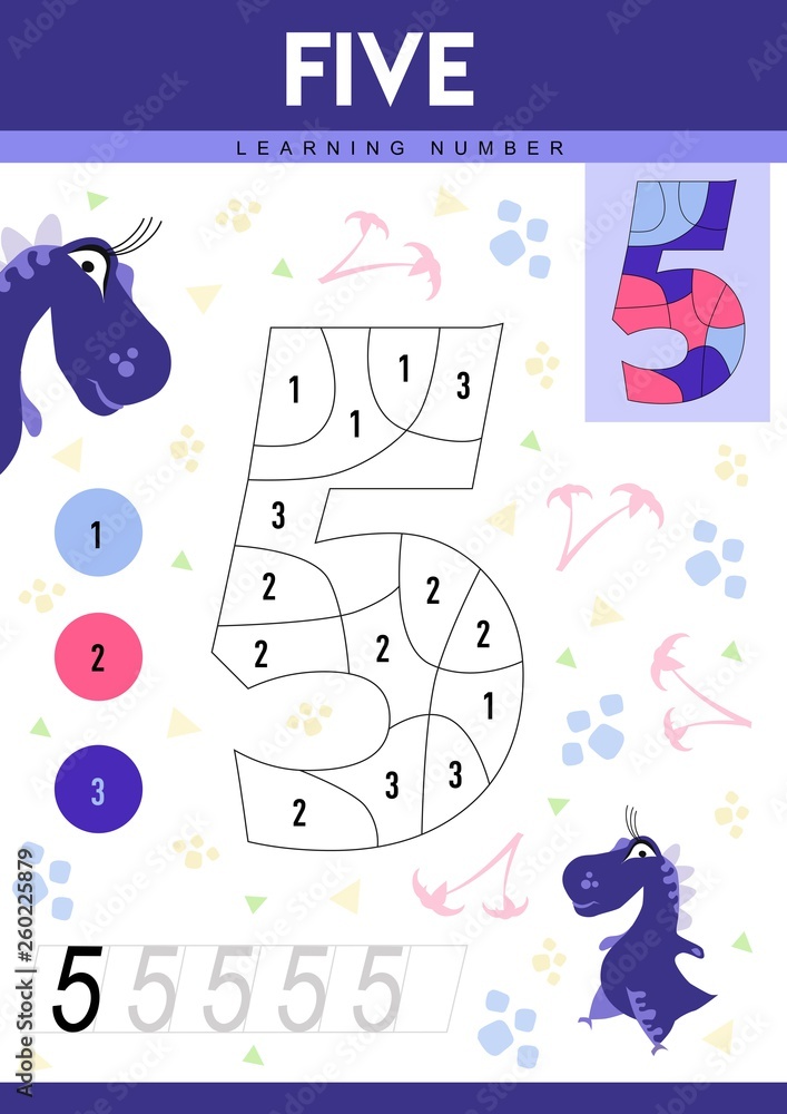 Learn numbers 5 with dino. Five. Kids learn to count worksheet ...
