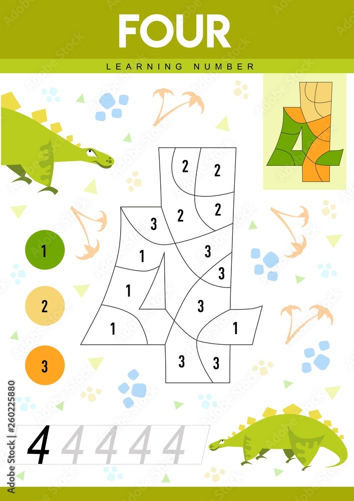 Learn numbers 4 with dino. Four. Kids learn to count worksheet ...