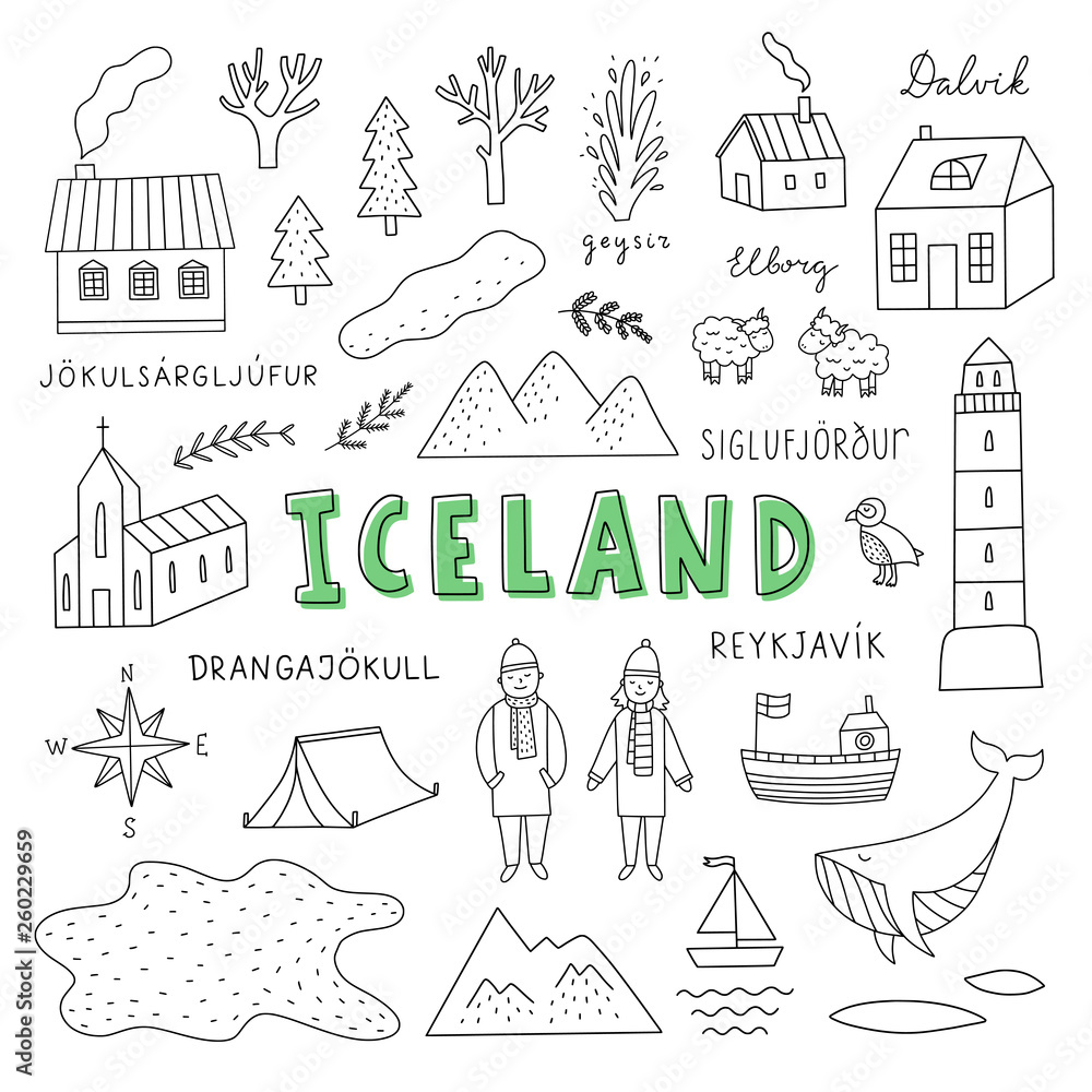 Iceland hand drawn icons and symbols on white background. Hand drawn ...