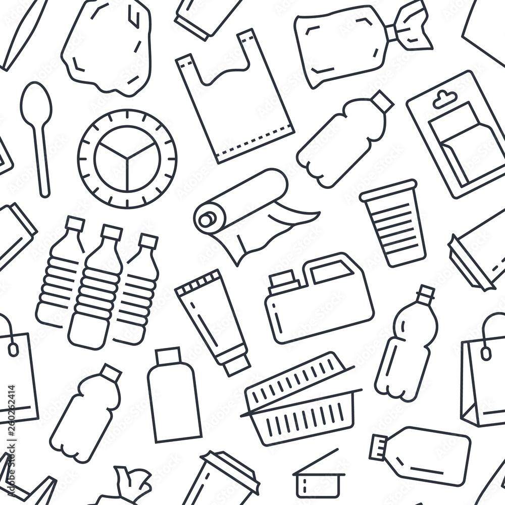 Stop using plastic seamless pattern with flat line icons. Polyethylene ...