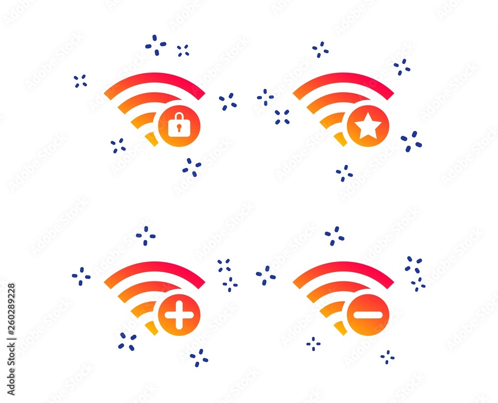 Wifi Wireless Network icons. Wi-fi zone add or remove symbols. Favorite ...
