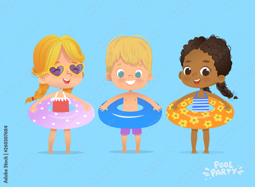 Children Summer Time on Swimming Pool Vacation. Funny Character in ...