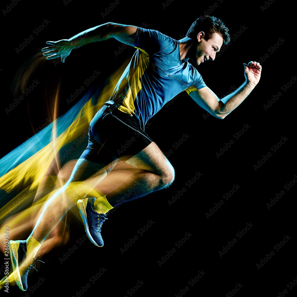 one caucasian runner running jogger jogging man light painting speed ...