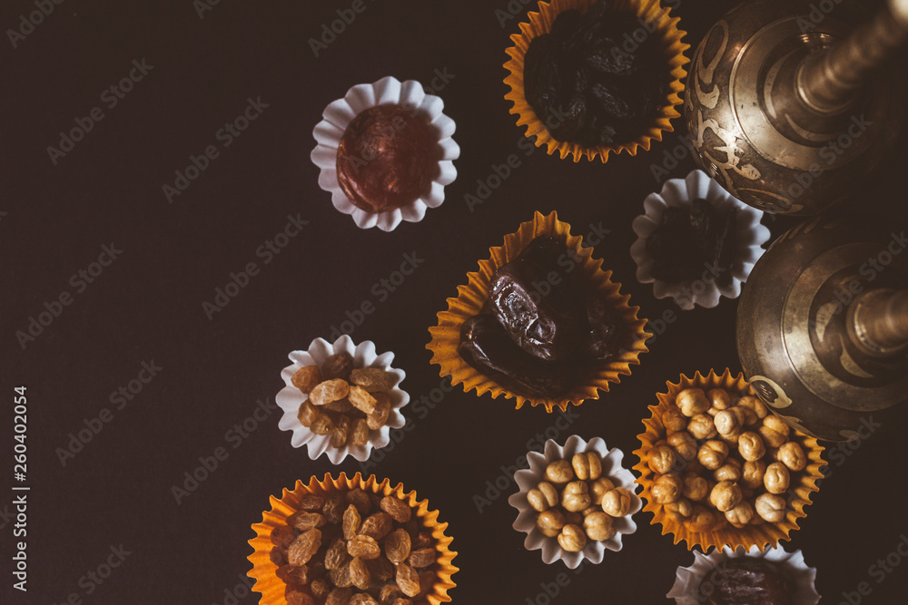 Eid Mubarak. Different iftar sweets. Celebrating Eid Al Adha. Islamic ...