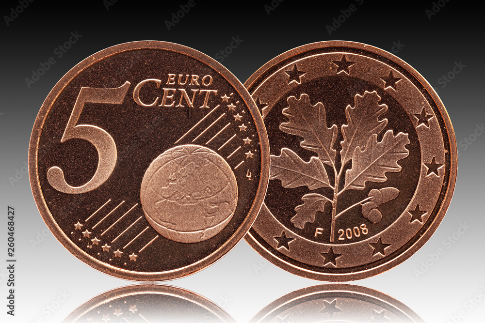 German five euro cent Germany coin, front side 5 and world globe ...