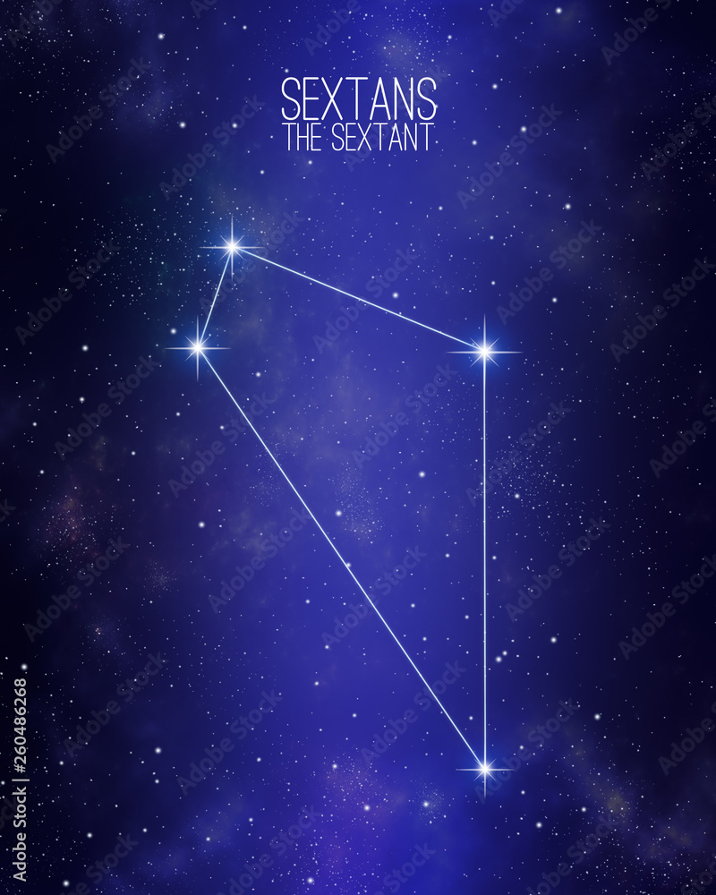 Sextans the sextant constellation map on a starry space background. Stars relative sizes and ...